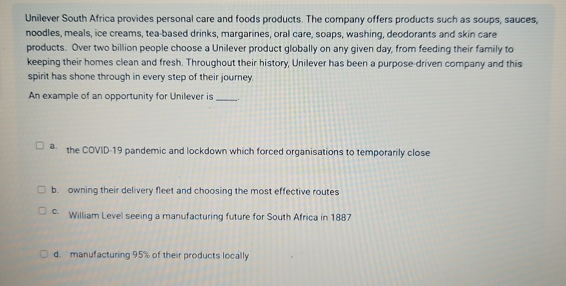 Solved Unilever South Africa provides personal care and | Chegg.com