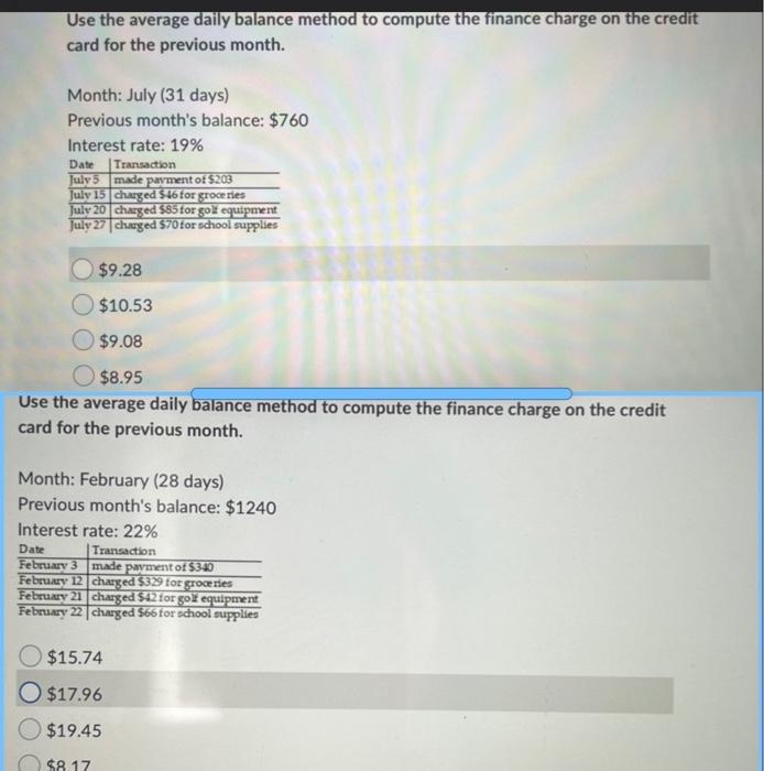 Solved Use the average daily balance method to compute the | Chegg.com