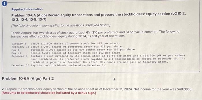 Solved Problem 10-6A (Algo) Record equity transactions and | Chegg.com