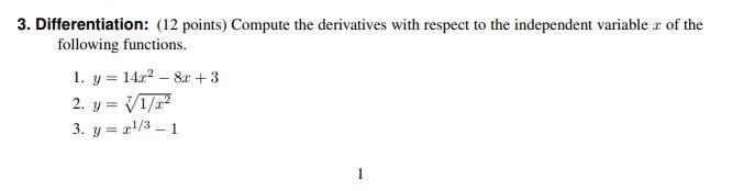 Solved 3. Differentiation: (12 points) Compute the | Chegg.com