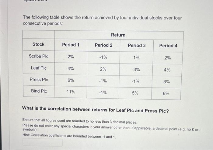Solved The following table shows the return achieved by four | Chegg.com