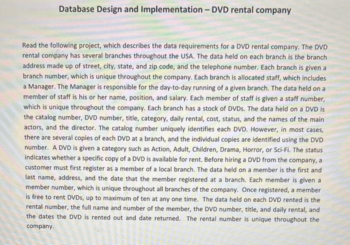 Solved Database Design and Implementation - DVD rental | Chegg.com