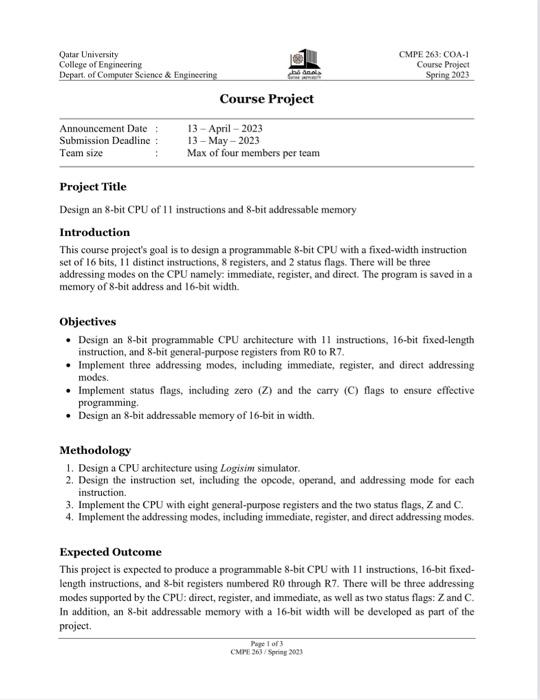 Solved Qatar University College of Engineering CMPE 263: | Chegg.com