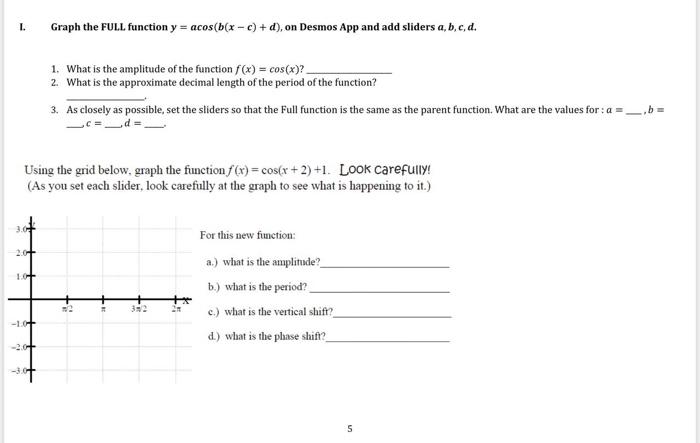 Solved I. Graph the FULL function y=acos(b(x−c)+d), on | Chegg.com
