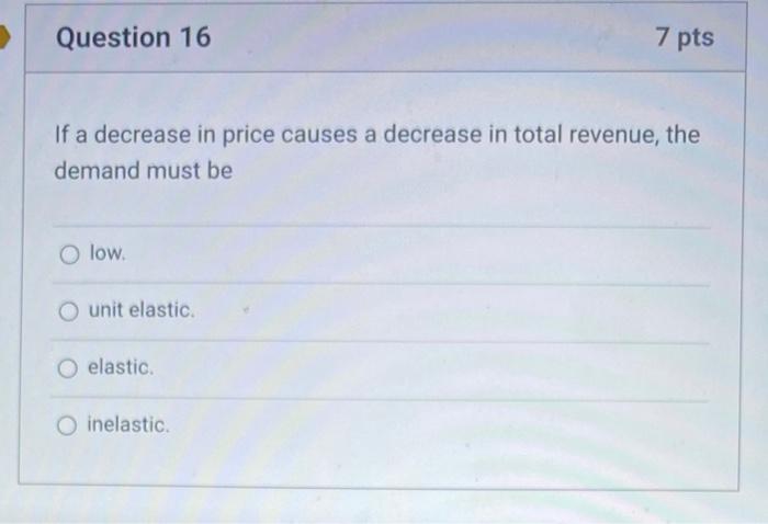 Solved Question 16 7 Pts If A Decrease In Price Causes A 5398