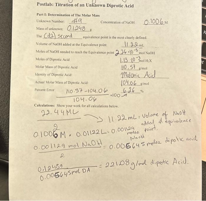 Solved post lab for titration of an unknown diprotic acid | Chegg.com