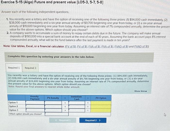 Solved Exercise 5-15 (Algo) Future and present value [LO5-3, | Chegg.com