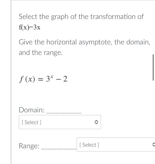 Solved Select the graph of the transformation of f(x)=3x | Chegg.com