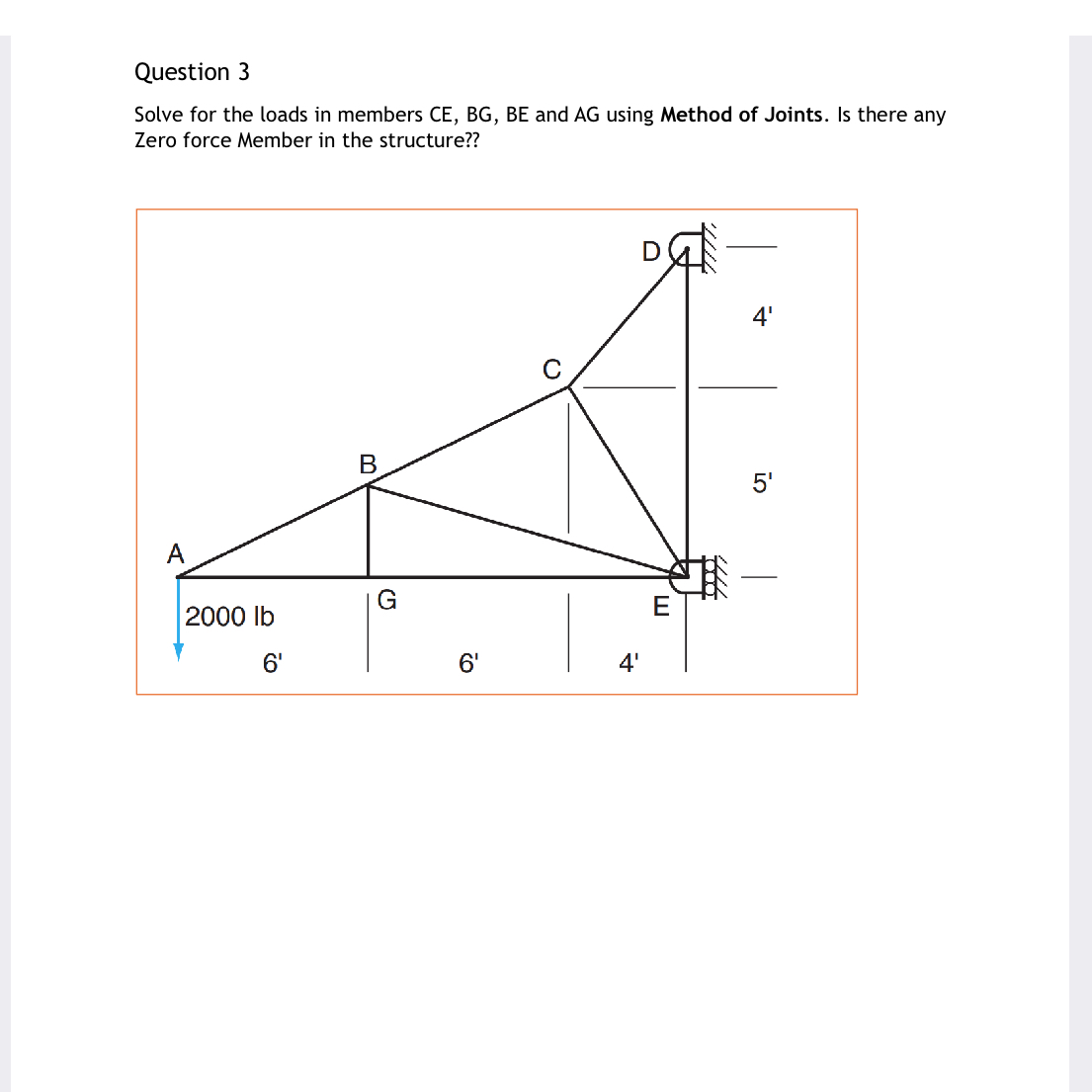 Solved Question 3Solve for the loads in members CE, ﻿BG, ﻿BE | Chegg.com
