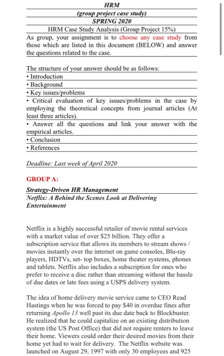 Solved HRM (group project case study) SPRING 2020 HRM Case | Chegg.com