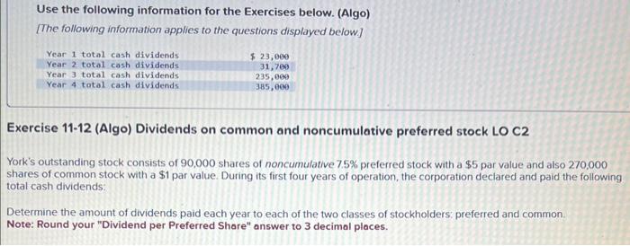 Solved Use the following information for the Exercises | Chegg.com