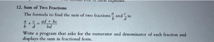 Solved 12. Sum of Two Fractions The formula to find the sum | Chegg.com
