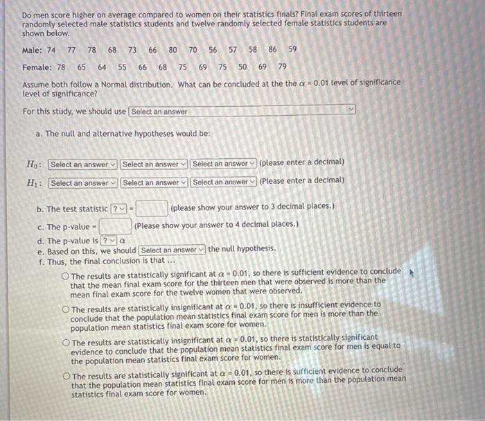 Solved 66 69 69 Do men score higher on average compared to | Chegg.com