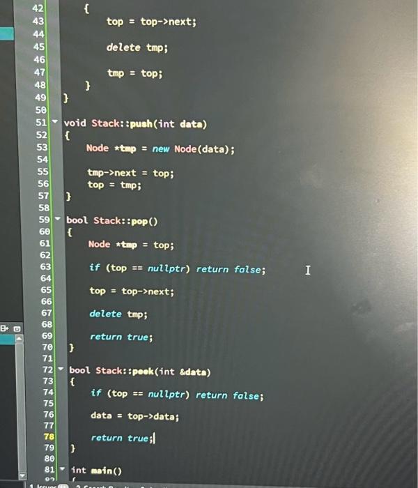 Solved maincpp return true; 3 bool Stack:tpeek(int edata) £ | Chegg.com
