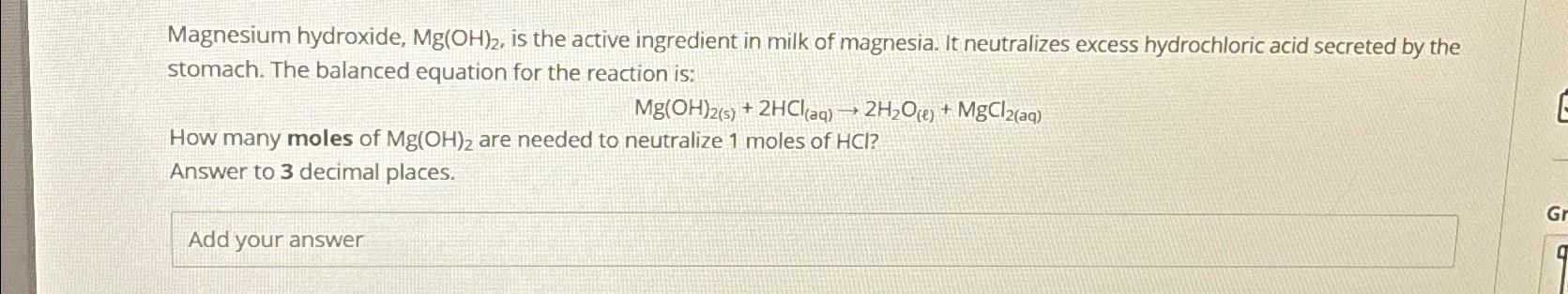 Solved Magnesium hydroxide, Mg(OH)2, ﻿is the active | Chegg.com