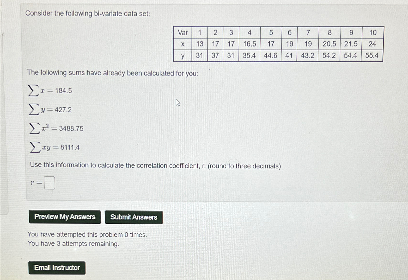 Solved Consider the following bi-variate data | Chegg.com