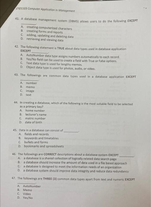 Solved STD1103 Computer Application in Management 23. A is | Chegg.com