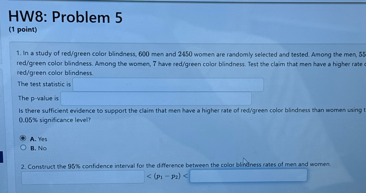 Solved HW8: Problem 5(1 ﻿point)In a study of red/green color | Chegg.com