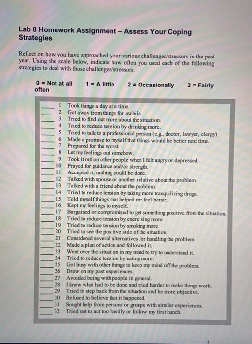 Solved Lab 8 Homework Assignment - Assess Your Coping | Chegg.com