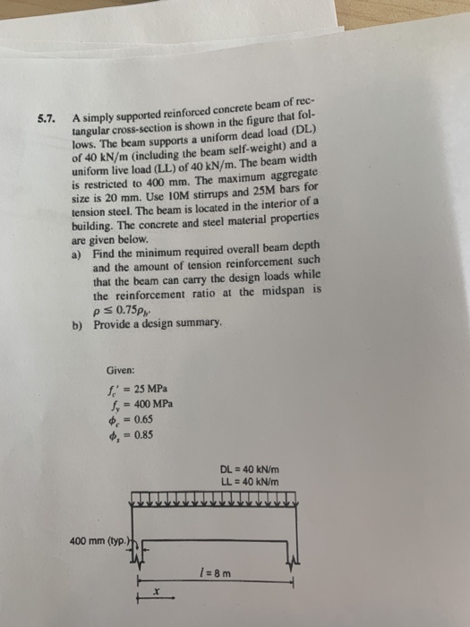 Solved 5.7. A simply supported reinforced concrete beam of | Chegg.com