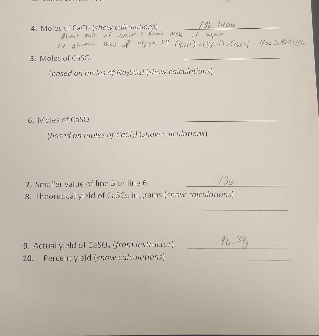 4. Moles of CaCl2 (show calculations) 136.1406 5. | Chegg.com