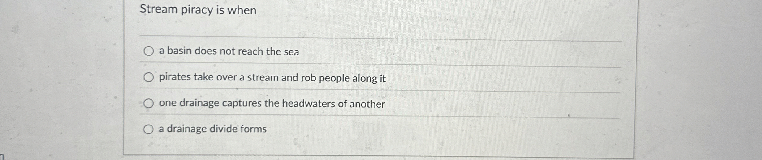 Solved Stream piracy is whena basin does not reach the | Chegg.com