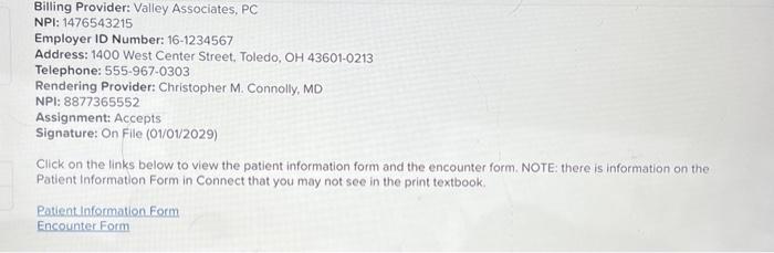 Billing Provider: Valley Associates, PC NPI: | Chegg.com