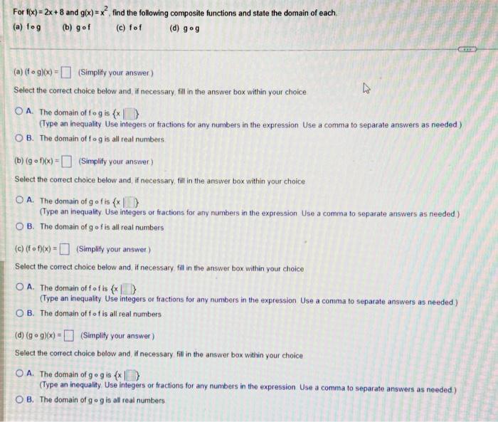 Solved For f(x)=2x+8 and g(x)=x2, find the following | Chegg.com