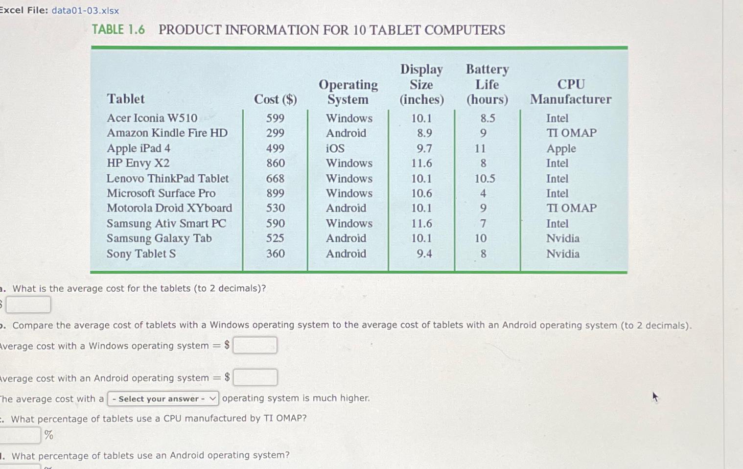Solved Excel File: data01-03.xIsxTABLE 1.6 ﻿PRODUCT | Chegg.com