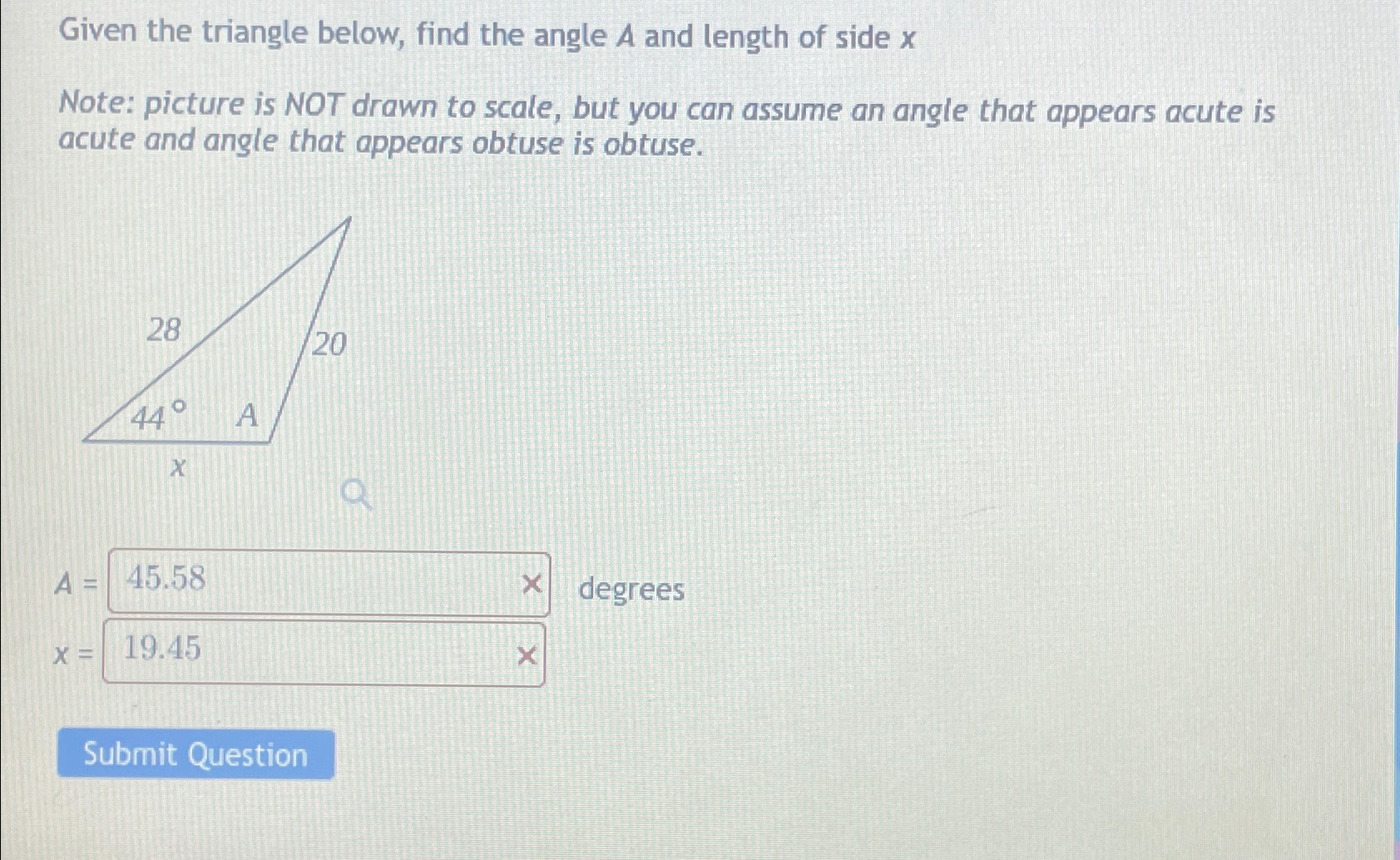 Solved Given the triangle below, find the angle A and length | Chegg.com
