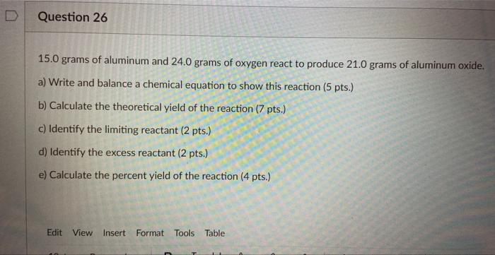 Solved 15.0 grams of aluminum and 24.0 grams of oxygen react | Chegg.com
