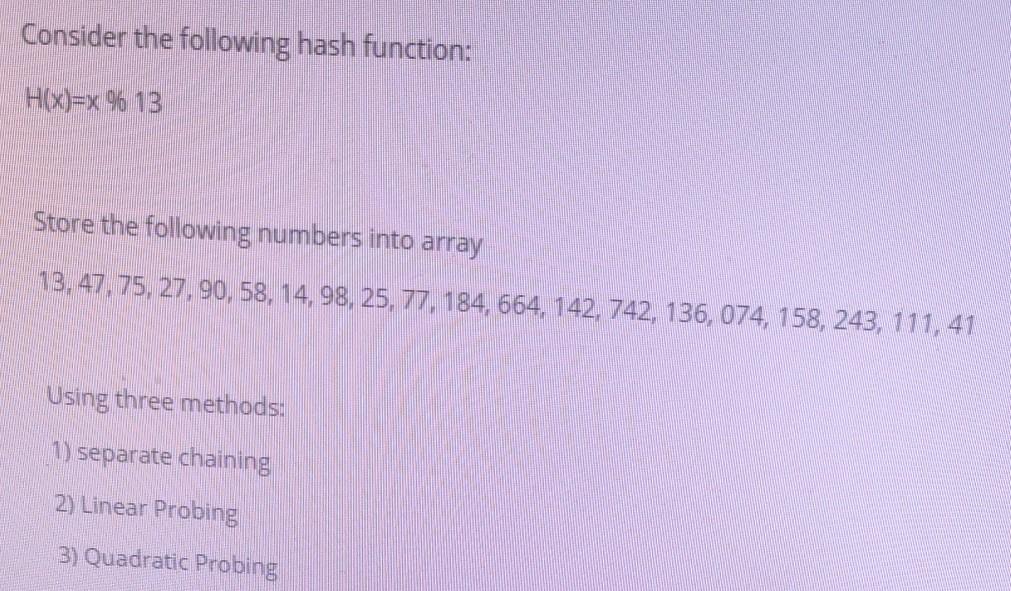 Solved Consider the following hash function: H(x)=x % | Chegg.com