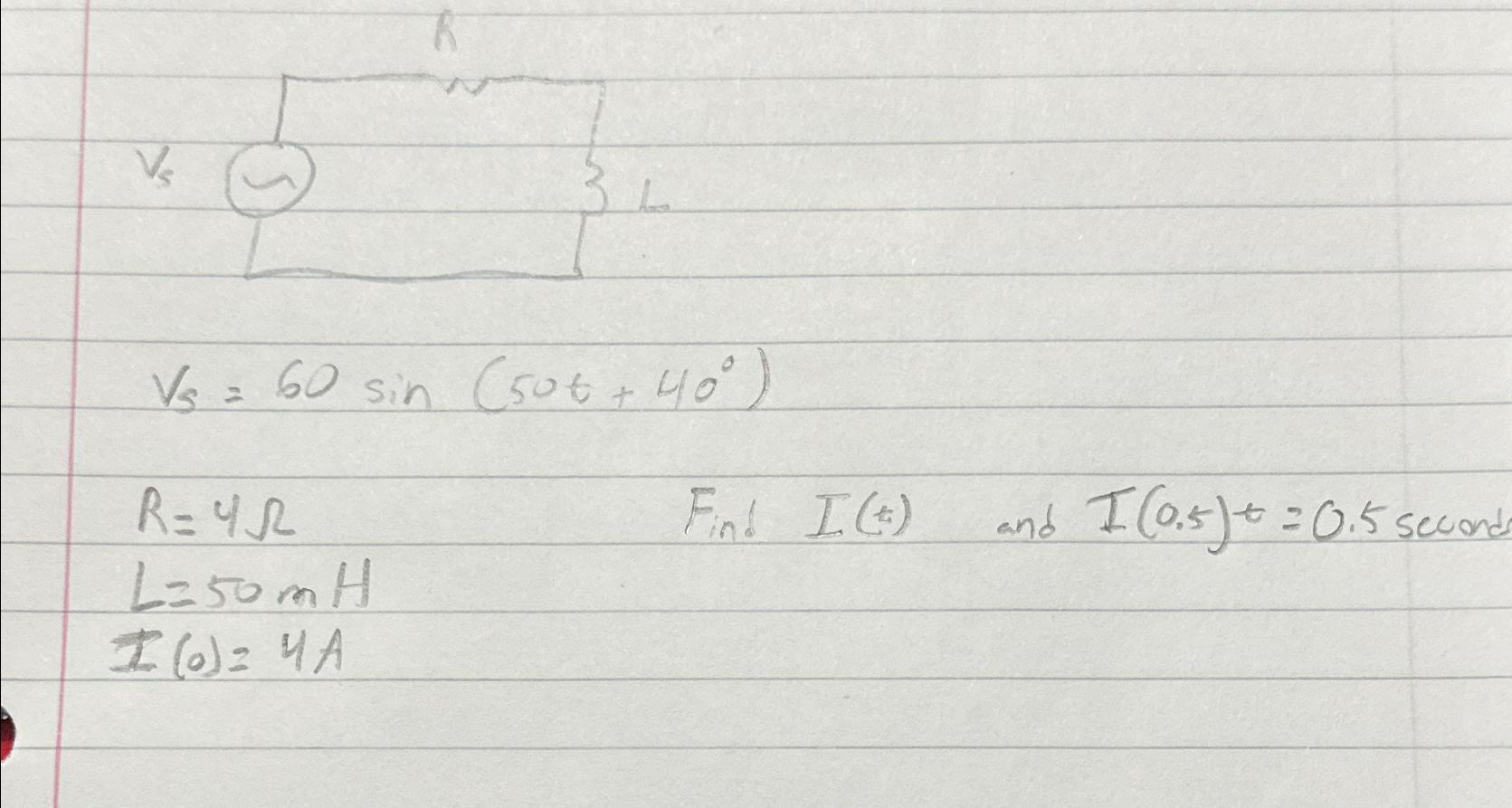 Solved Vs=60sin(50t+40°)R=4Ω ﻿Find I(t) ﻿and I(0.5)t=0.5 | Chegg.com