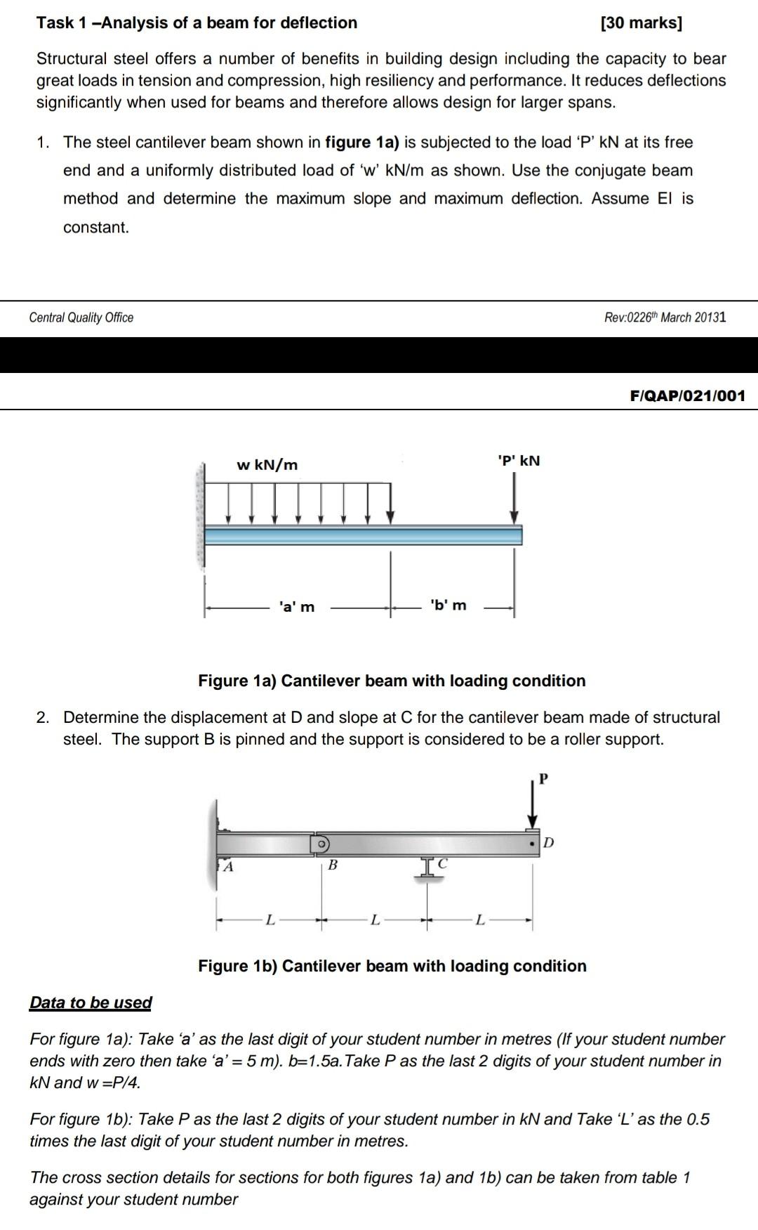 Solved Task 1 -Analysis of a beam for deflection [30 marks] | Chegg.com