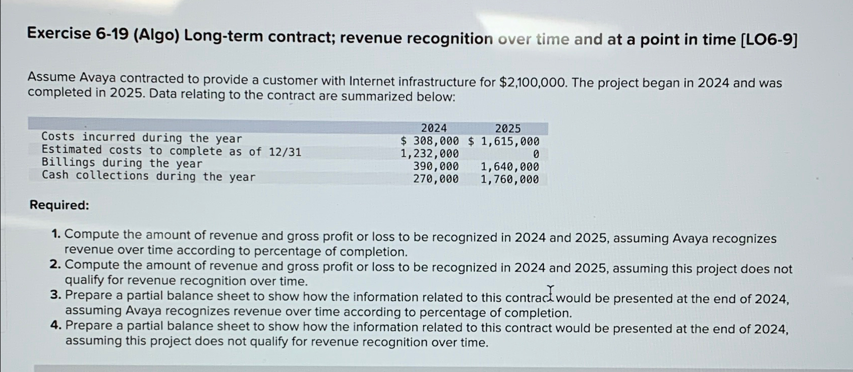 Solved Exercise 6-19 (Algo) Long-term contract; revenue | Chegg.com Solved Exercise 6-19 (Algo) Long-term contract; revenue | Chegg.com