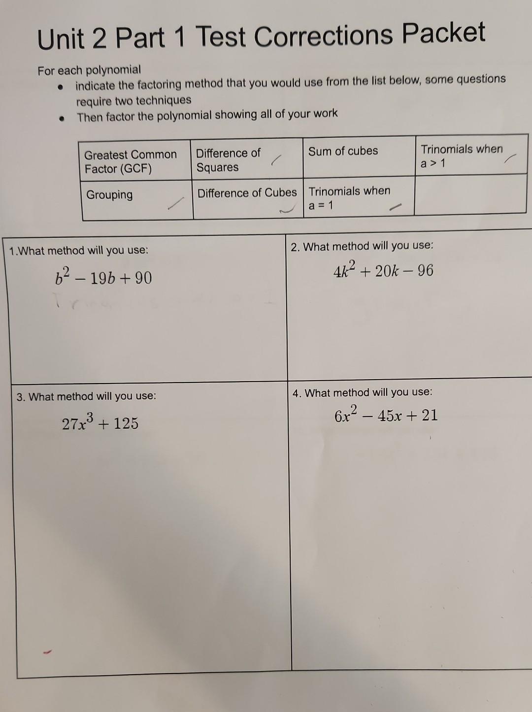 Solved Unit 2 Part 1 Test Corrections Packet For each | Chegg.com