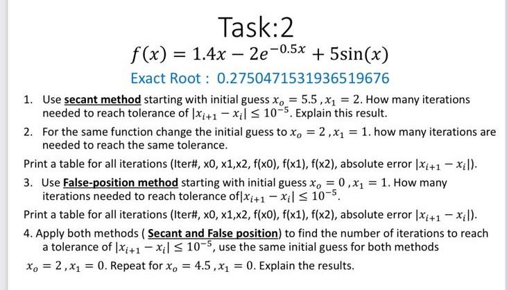 Solved f(x)=1.4x−2e−0.5x+5sin(x) Exact Root : | Chegg.com