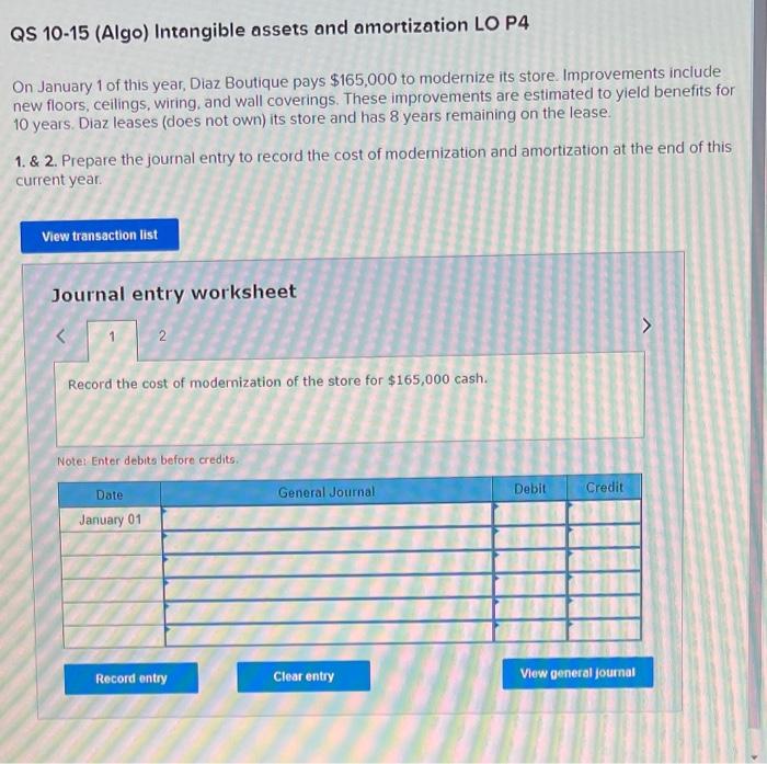 Solved QS 10-15 (Algo) Intangible assets and amortization LO | Chegg.com