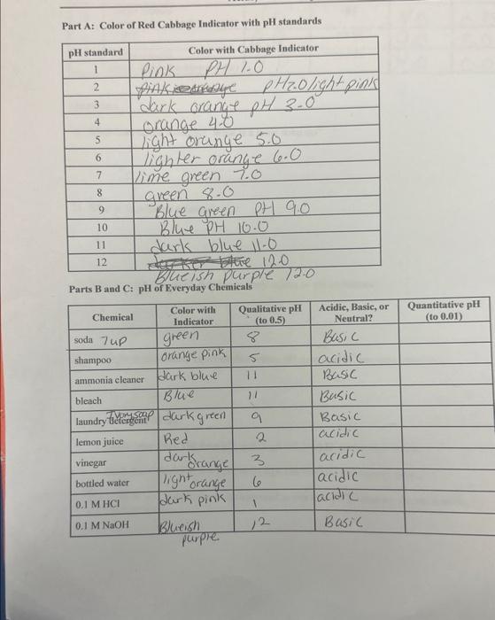Solved Part A: Color of Red Cabbage Indicator with pH | Chegg.com
