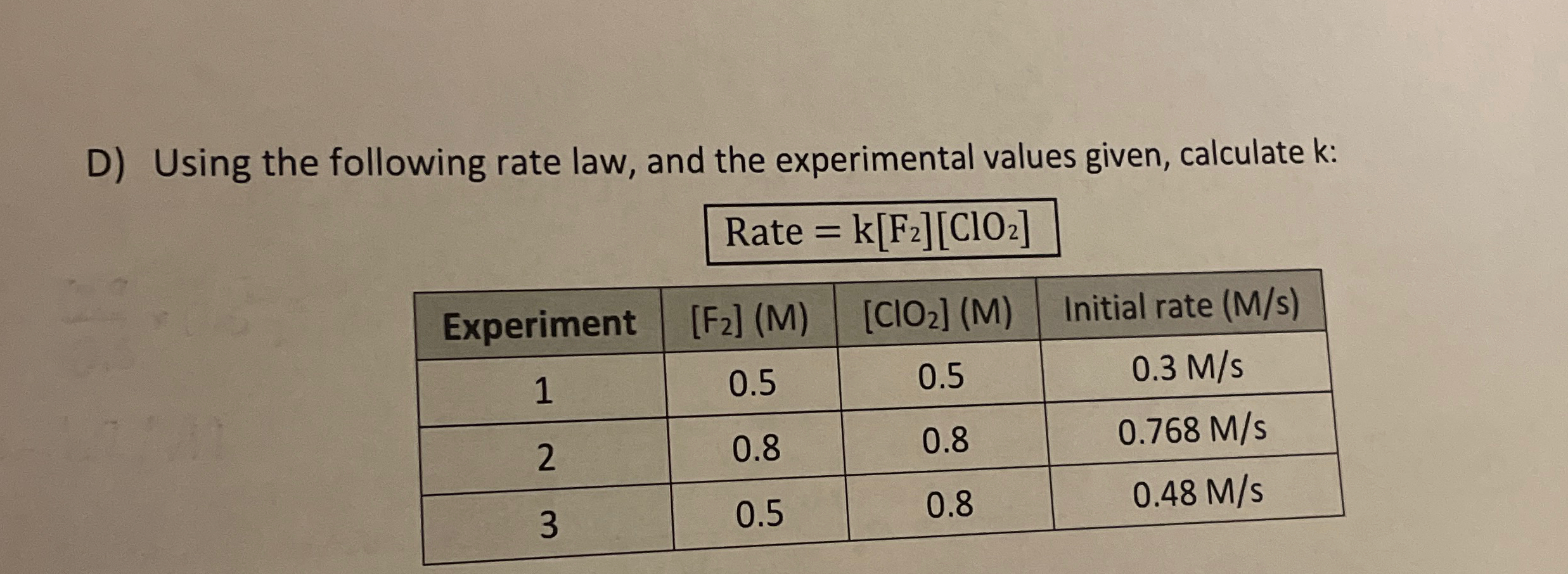 Solved D) ﻿Using the following rate law, and the | Chegg.com
