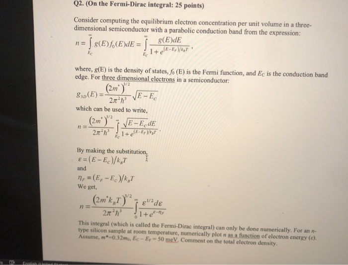 Q2. (On the Fermi-Dirac integral: 25 points) Consider | Chegg.com