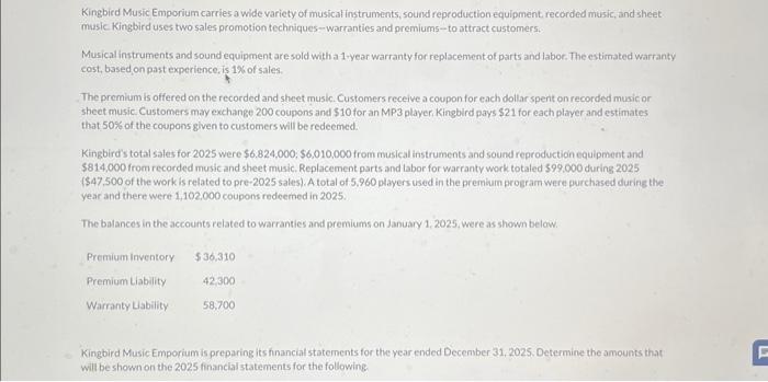 Solved Kingbird Music Emporium carries a wide variety of | Chegg.com