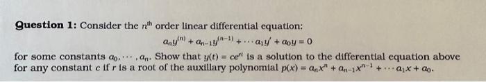 Solved Guestion 1 Consider The Nth Order Linear