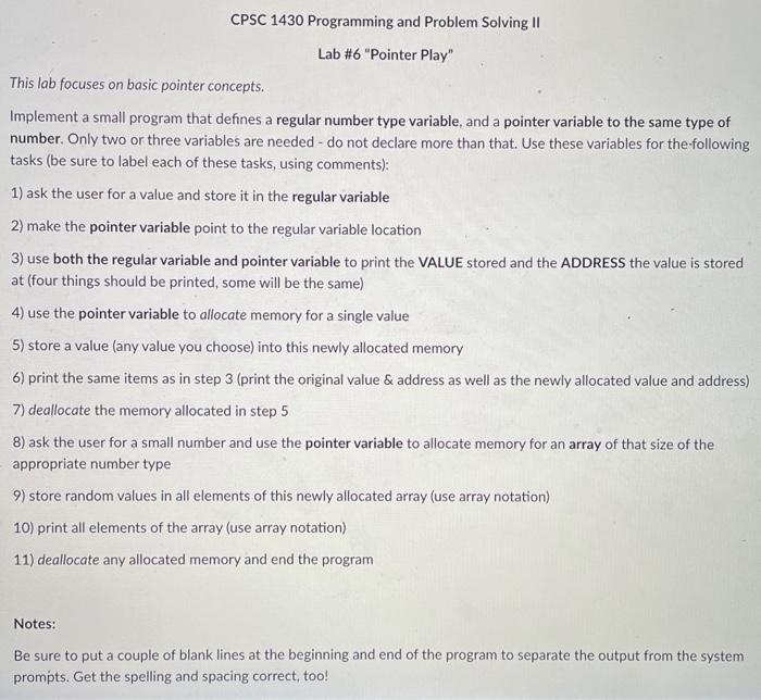 Solved Lab #6 "Pointer Play" This lab focuses on basic | Chegg.com