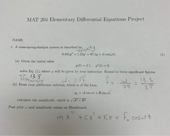 Solved MAT 204 Elementary Differential Equations Project | Chegg.com