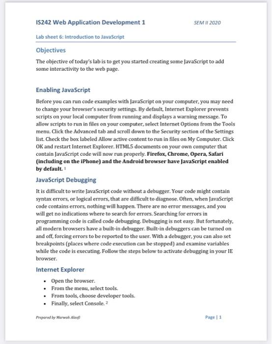 SEM I 2020 IS242 Web Application Development 1 Lab | Chegg.com