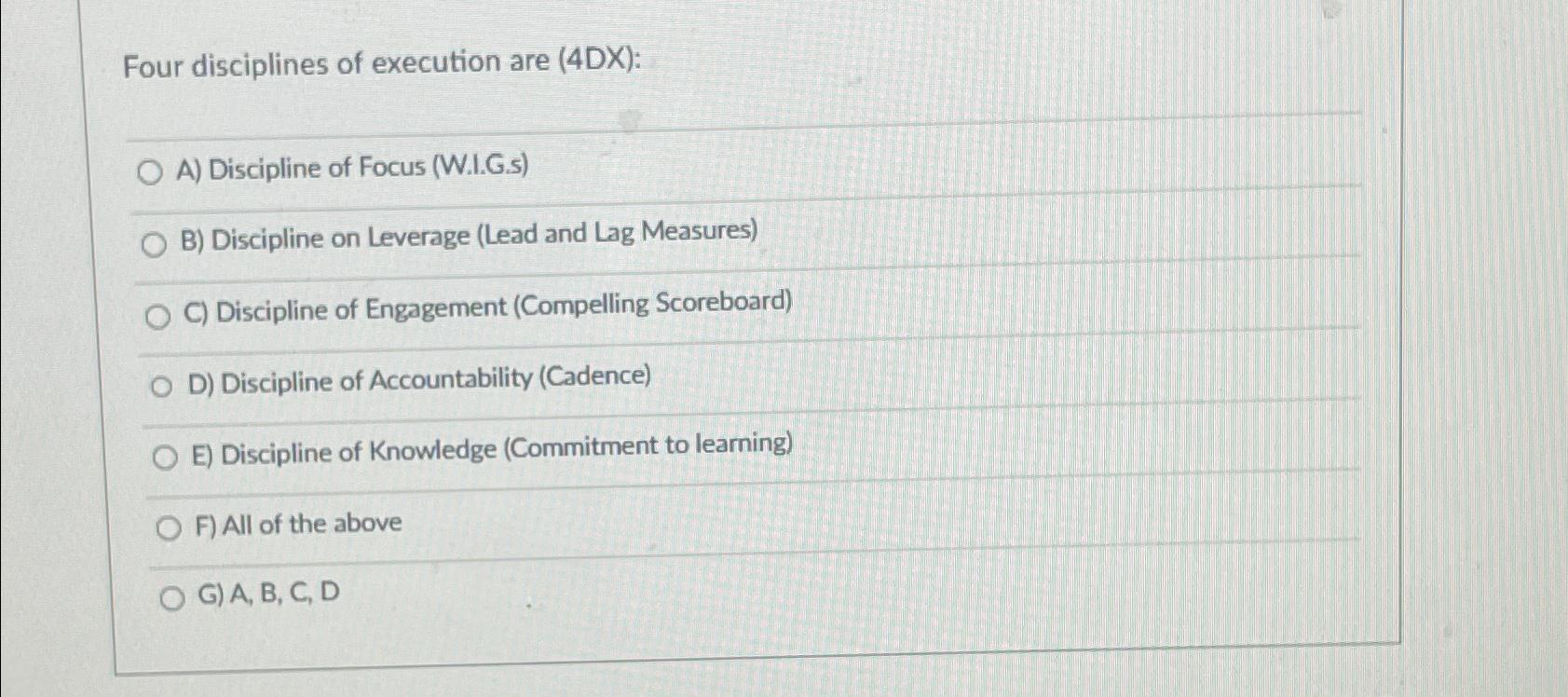 Solved Four disciplines of execution are (4DX):A) | Chegg.com