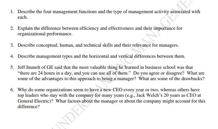 1. Describe the four management functions and the | Chegg.com