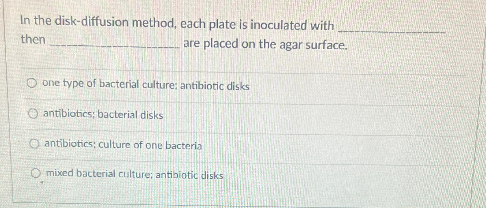 Solved In the disk-diffusion method, each plate is | Chegg.com