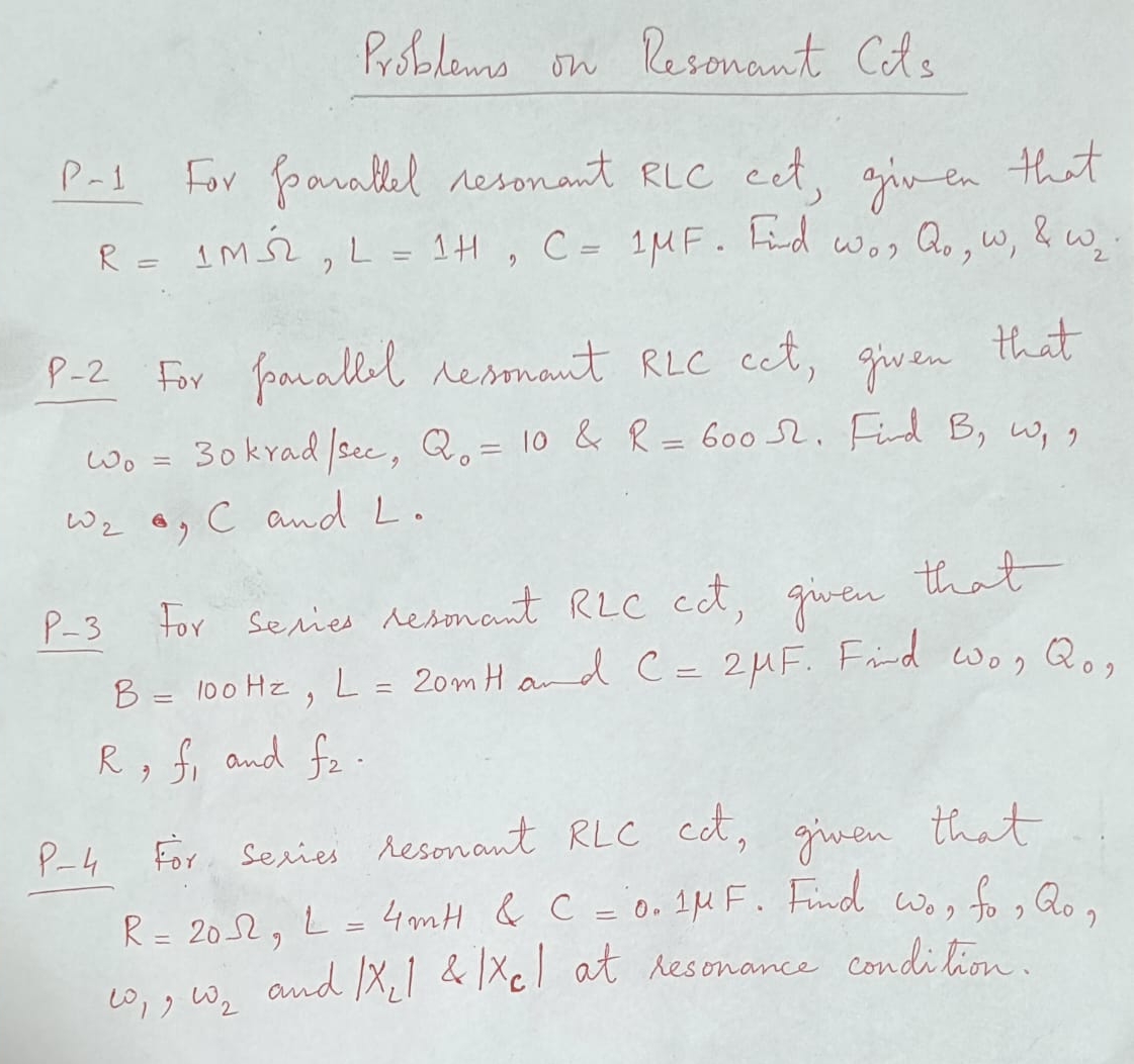 Solved Problems on Resonant CircuitsP-1)For paratbel | Chegg.com